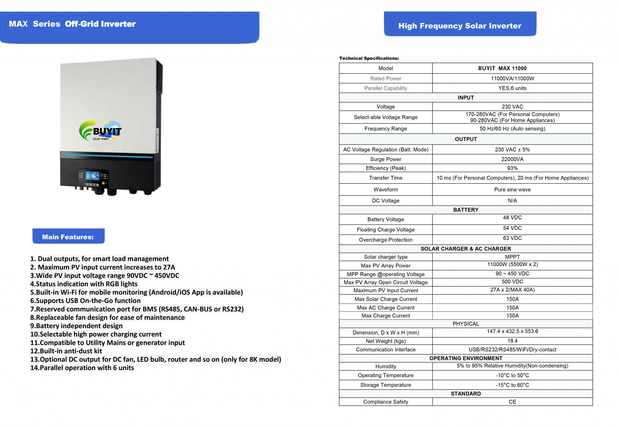 11KW 48V Off grid solar inverter with parallel function with WIFI